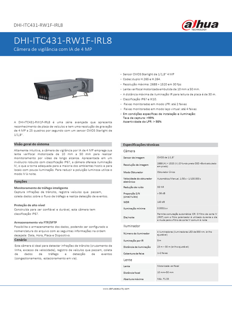 Câmera LPR 4 MP DHI-ITC431-RW1F-IRL8 | PDF | Câmera | Tráfego
