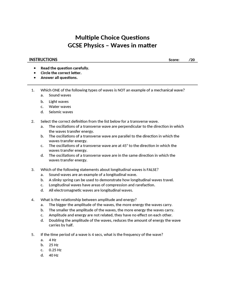 GCSE Physics: Waves Multiple Choice Quiz | PDF | Waves | Seismology