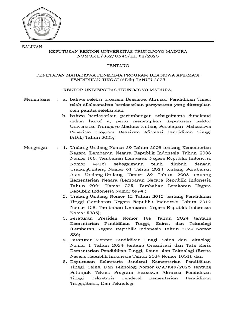 SK Penetapan Mahasiswa Penerima Program Beasiswa ADik Tahun 2025 | PDF