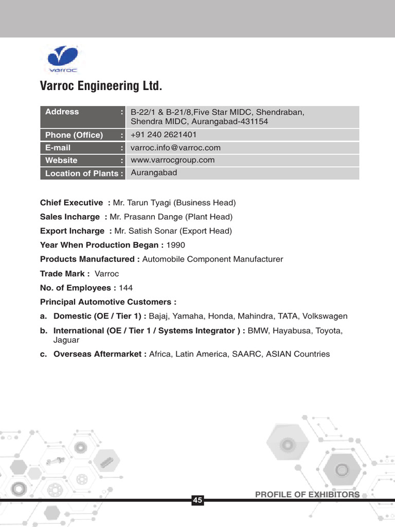 Varroc Engineering LTD.: Address: Phone (Office) : E-Mail: Website ...