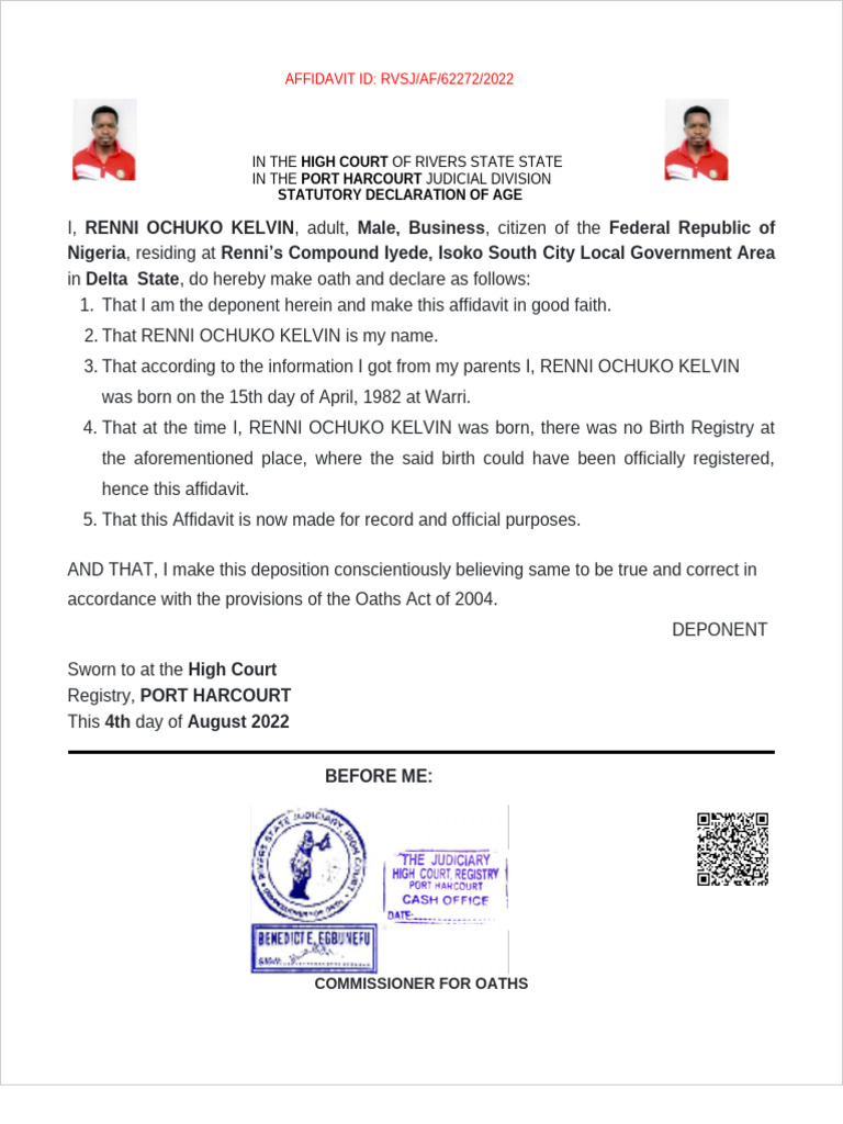 Statutory Declaration of Age Affidavit | PDF