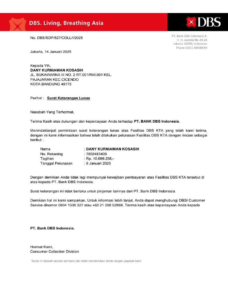 Surat Lunas DBS | PDF