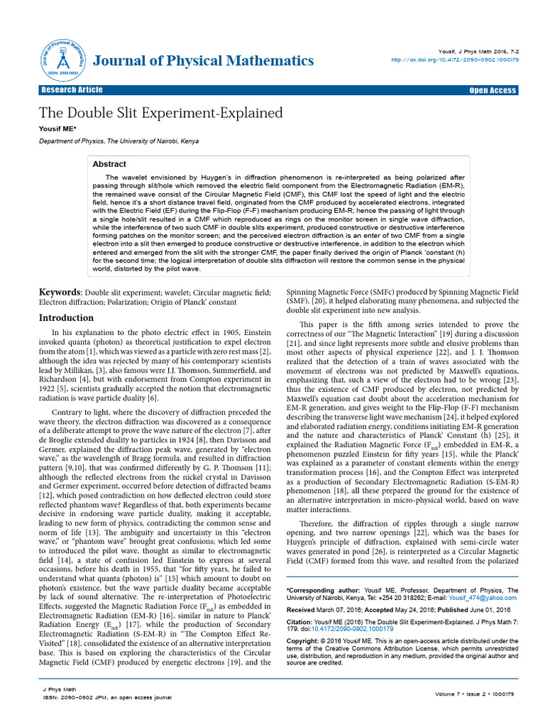 Double Slit Experiment Reinterpreted | PDF | Diffraction | Electron