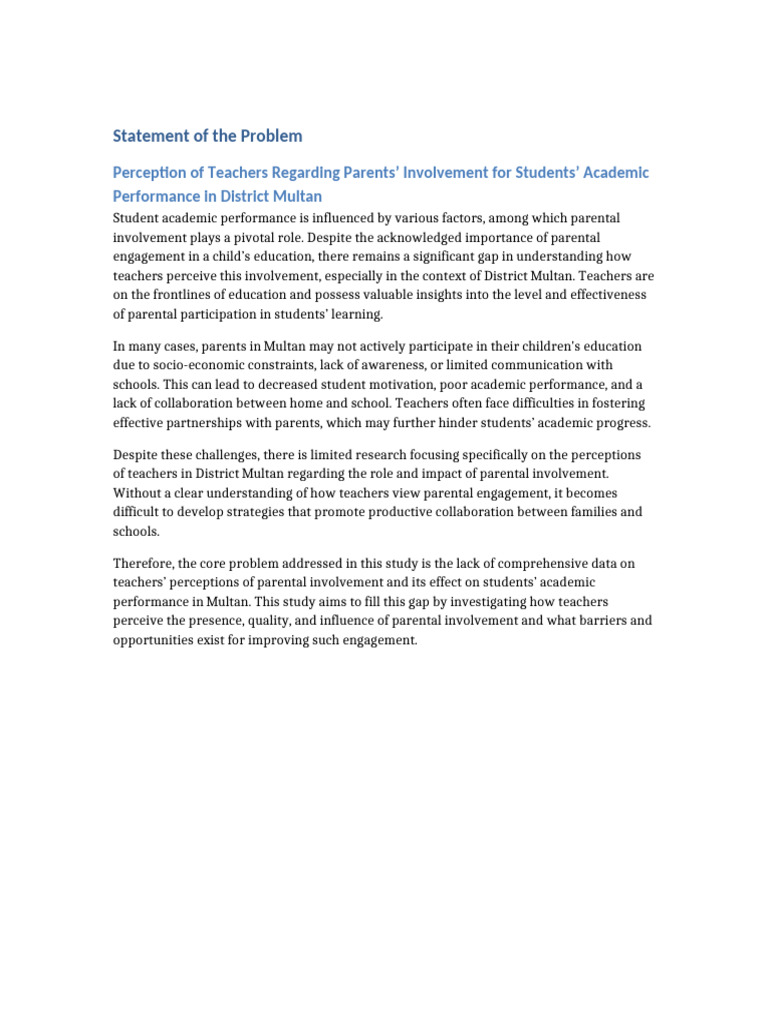 Statement of Problem Parental Involvement Multan | PDF