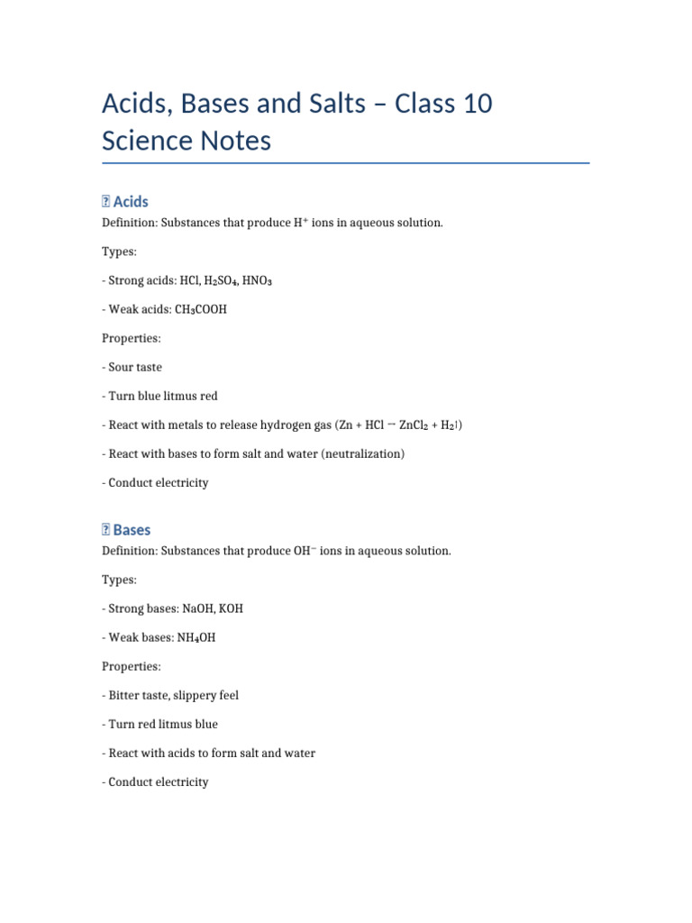 Class10 Acid Base Salts Notes | PDF