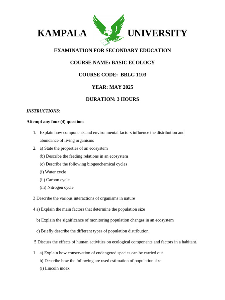 Basic Ecology Exam Questions 2025 | PDF