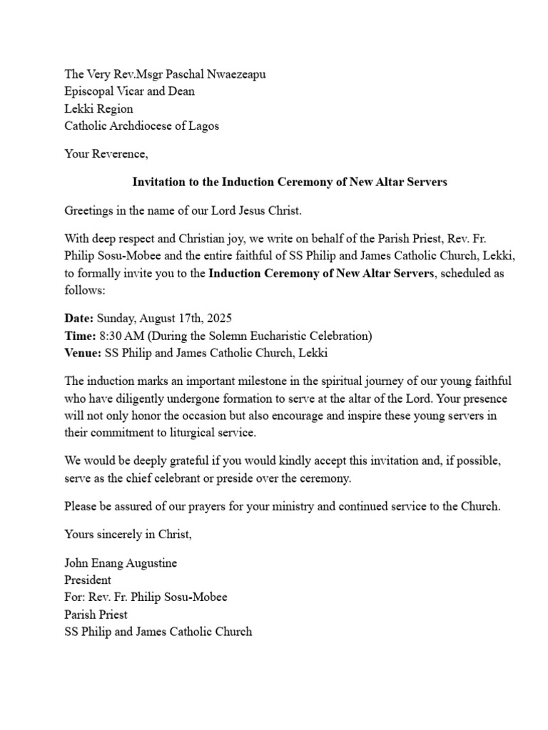 Invitation to Altar Servers Induction Ceremony | PDF