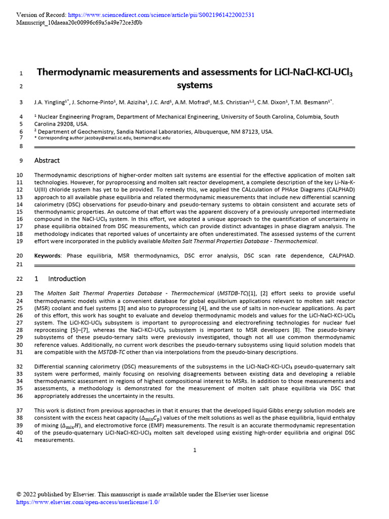 2023 Thermodynamic Measurements and Assessments For LiCl-NaCl-KCl-UCl3 Systems | PDF ...