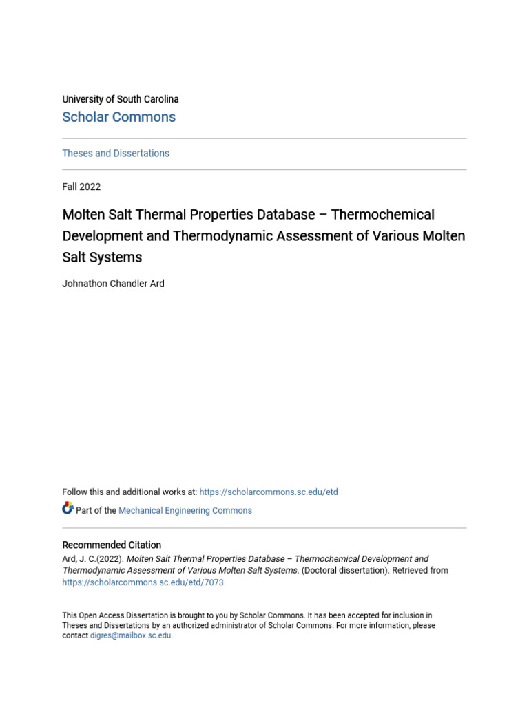2022 Molten Salt Thermal Properties Database–Thermochemical Development and Thermodynamic ...