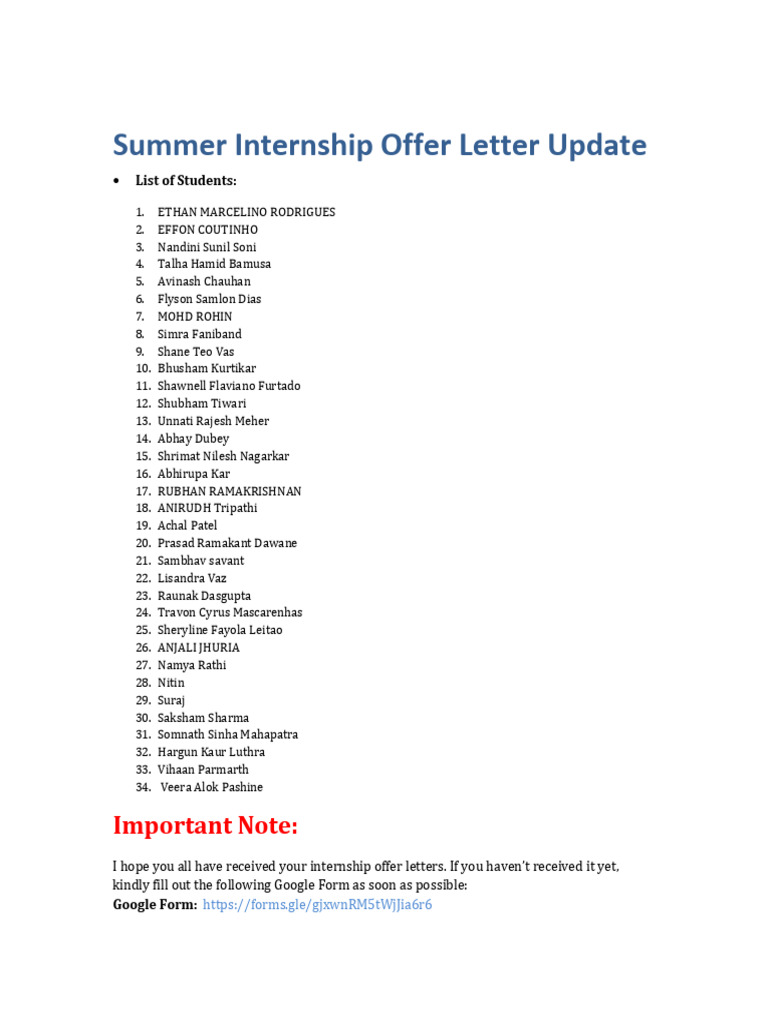 Offer Letter .Update Summer Internship | PDF