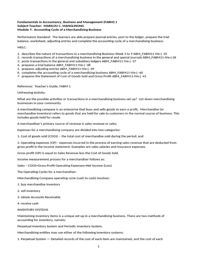 Accounting Cycle for Merchandising Business | PDF | Debits And Credits ...