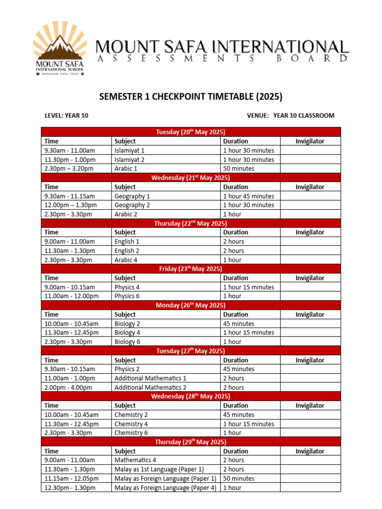 Y10 MYCP Timetable - Revised | PDF