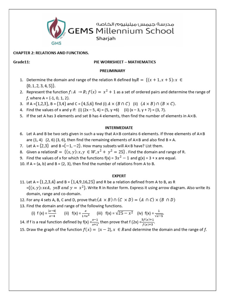 Grade 11 Chapter 02 Relations and Functions Pie Worksheet | PDF
