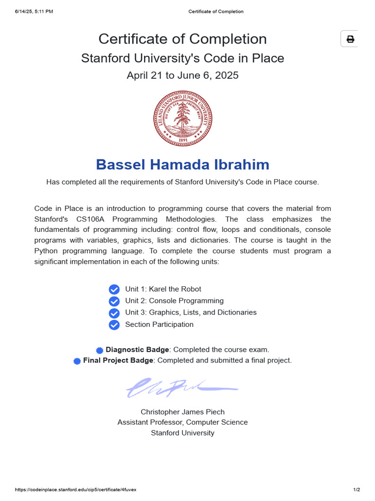 Certificate of Completion Bassel Hamada Ibrahim | PDF