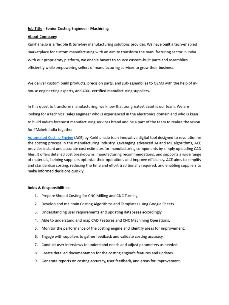 Senior Cost Engineer ACE | PDF | Numerical Control | Engineering