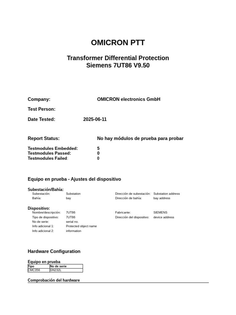 Omicron PTT: Transformer Differential Protection Siemens 7UT86 V9.50 | PDF