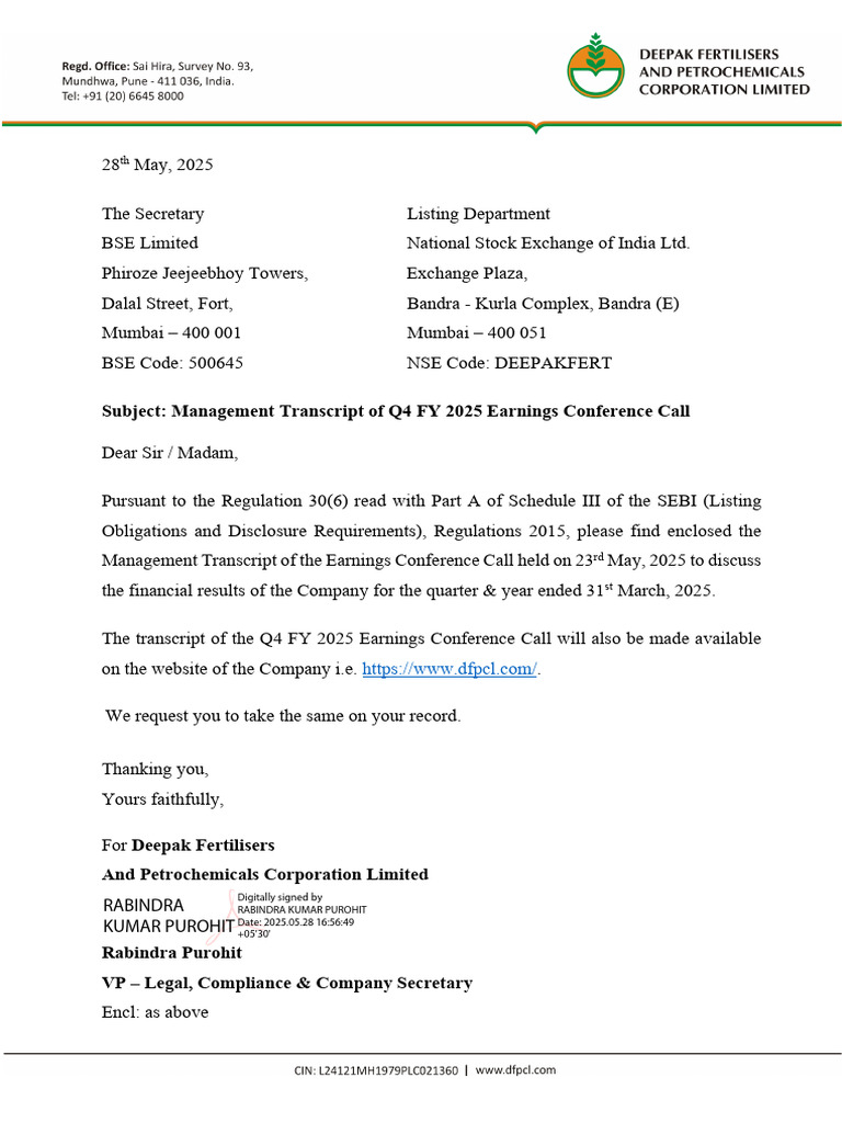 Subject: Management Transcript of Q4 FY 2025 Earnings Conference Call ...