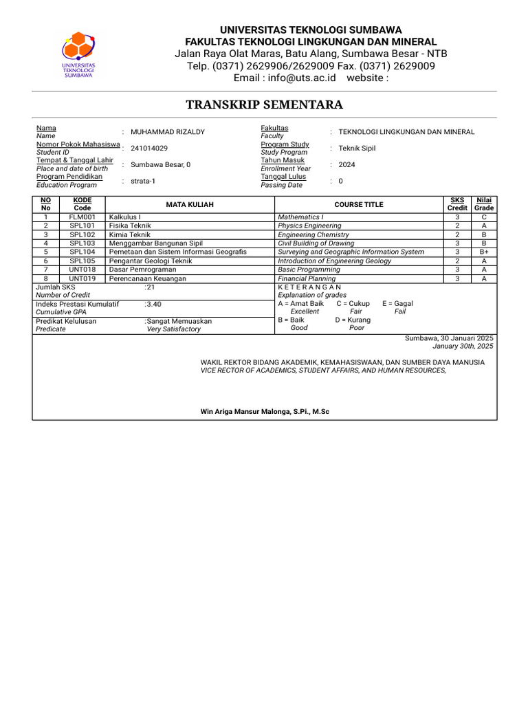 Cetak Transkrip Sementara - Portal Akademik | PDF