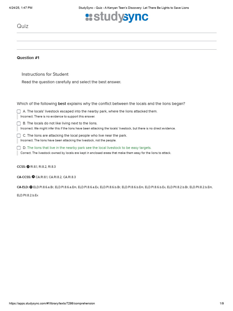 StudySync - Quiz - A Kenyan Teen's Discovery - Let There Be Lights To ...