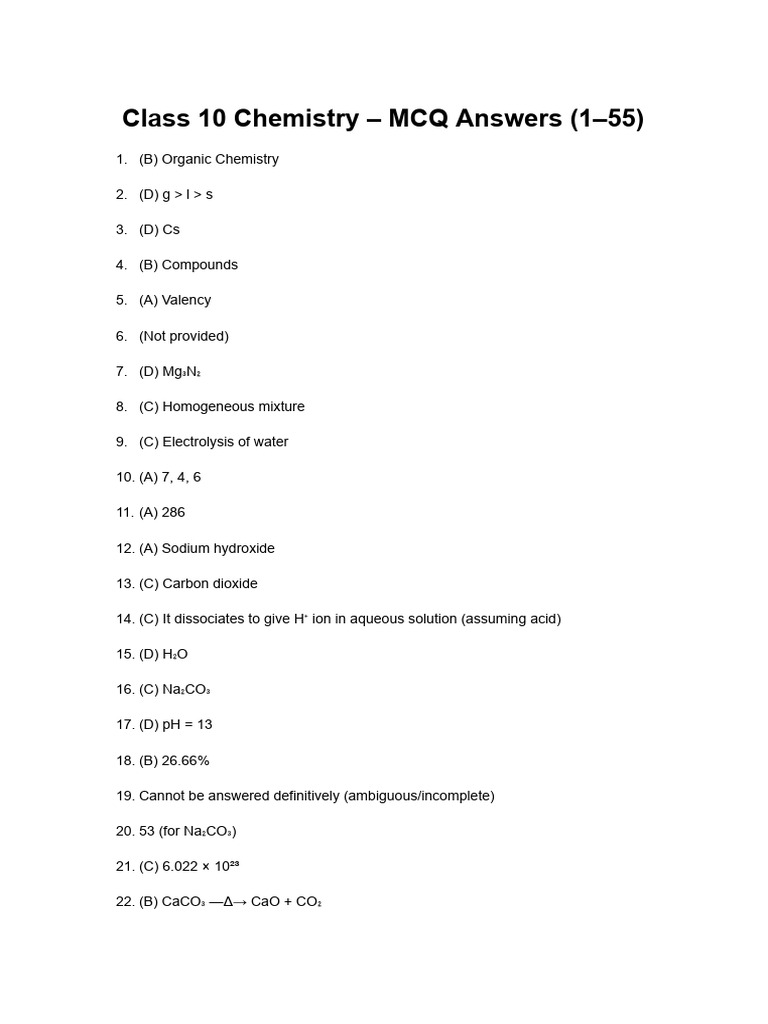 Class 10 Chemistry - MCQ Answers (1-55) | PDF