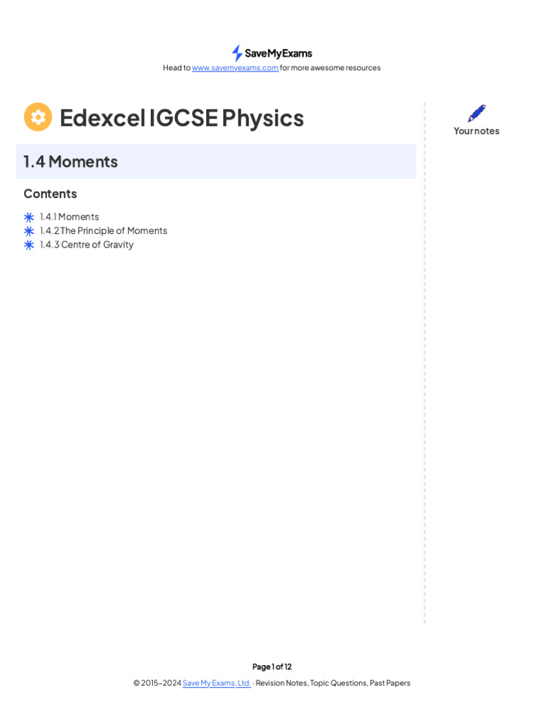 Edexcel IGCSE Physics: Moments Explained | PDF | Force | Center Of Mass