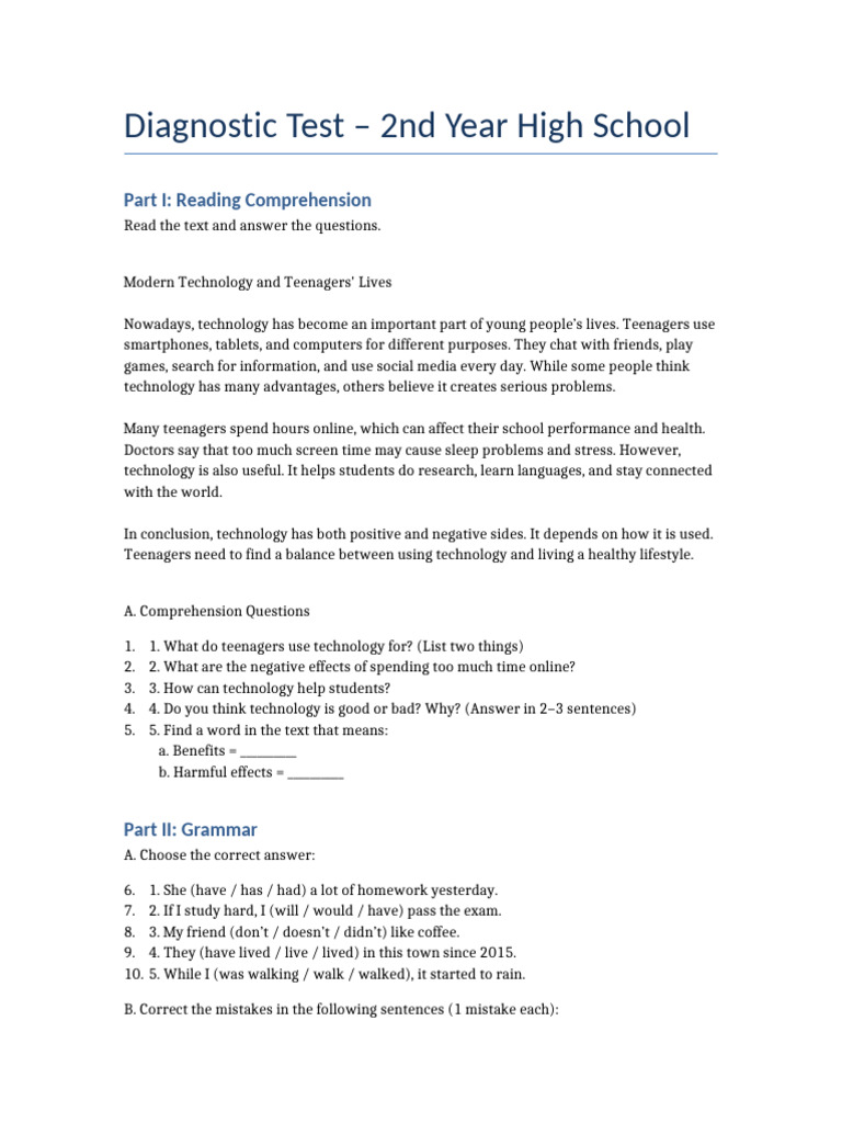 2nd Year High School Diagnostic Test | PDF