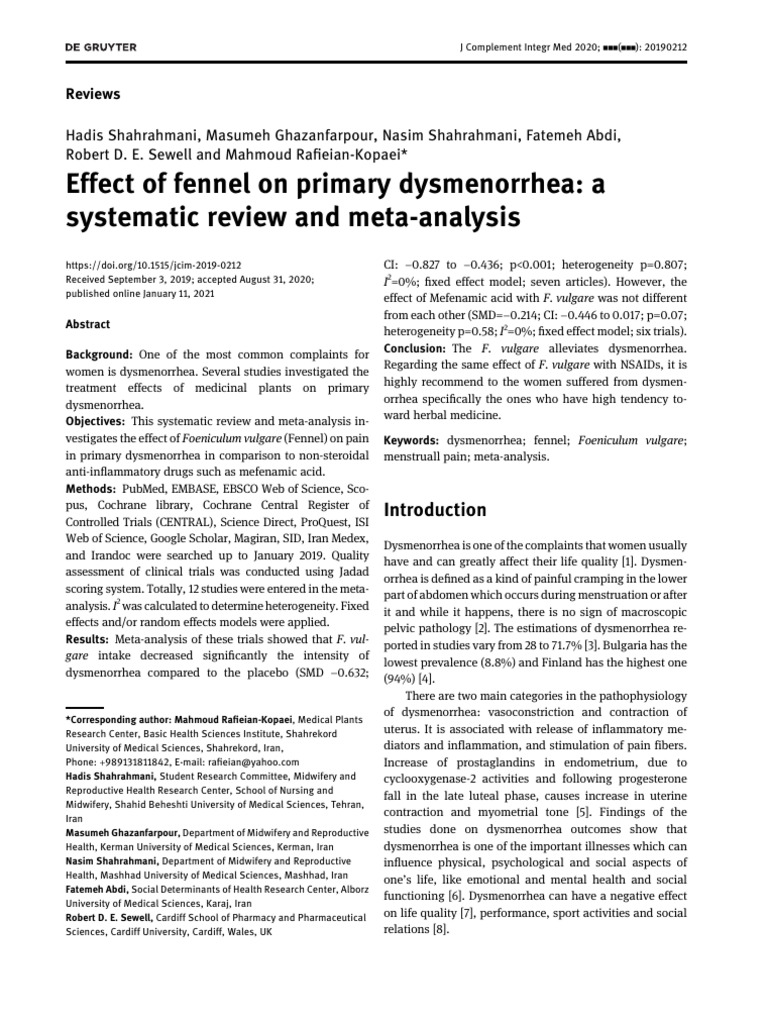 SHAHRAHMANI 2021 Effect Fennel Pimary Dysmenorrhea - SYSTEMATIC REVIEW | PDF | Systematic Review ...