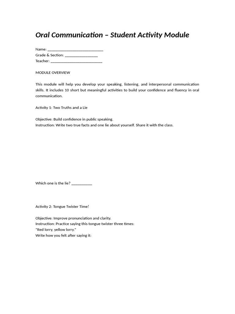 Oral Communication - Student Activity Module | PDF | Communication ...