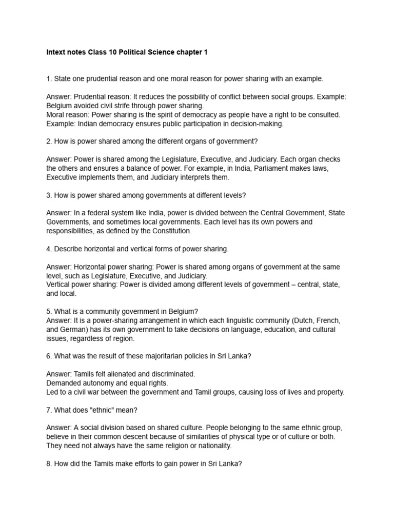 Power Sharing in Democracy: Class 10 Notes | PDF | Political Science ...