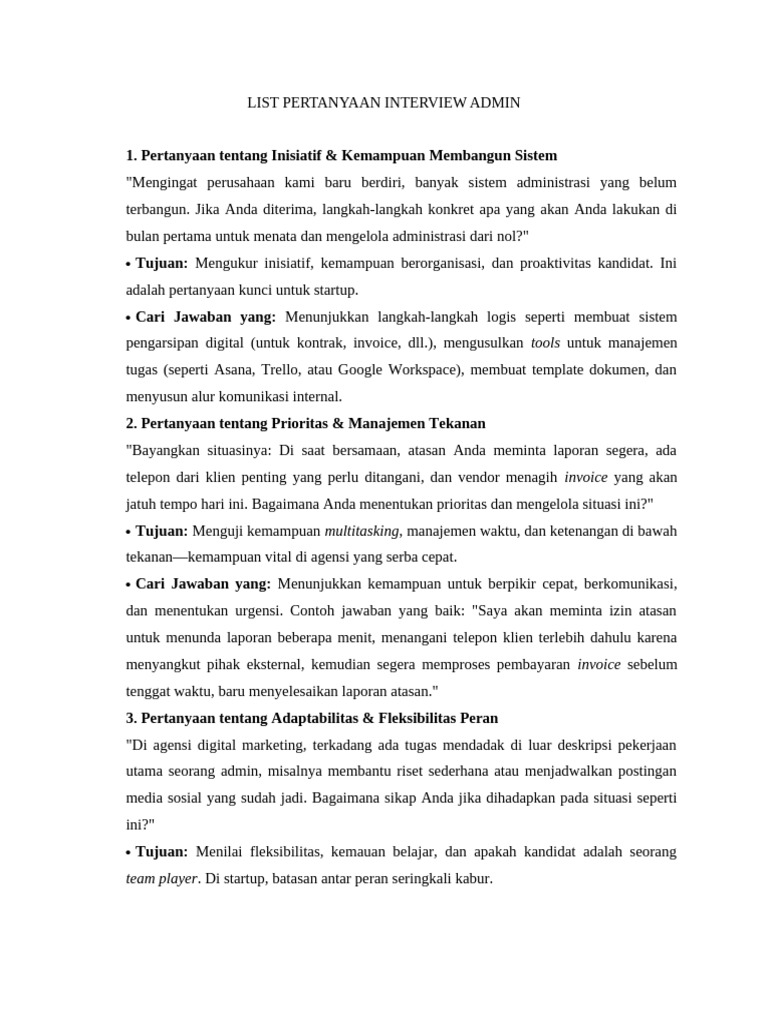 Pertanyaan Wawancara untuk Admin | PDF