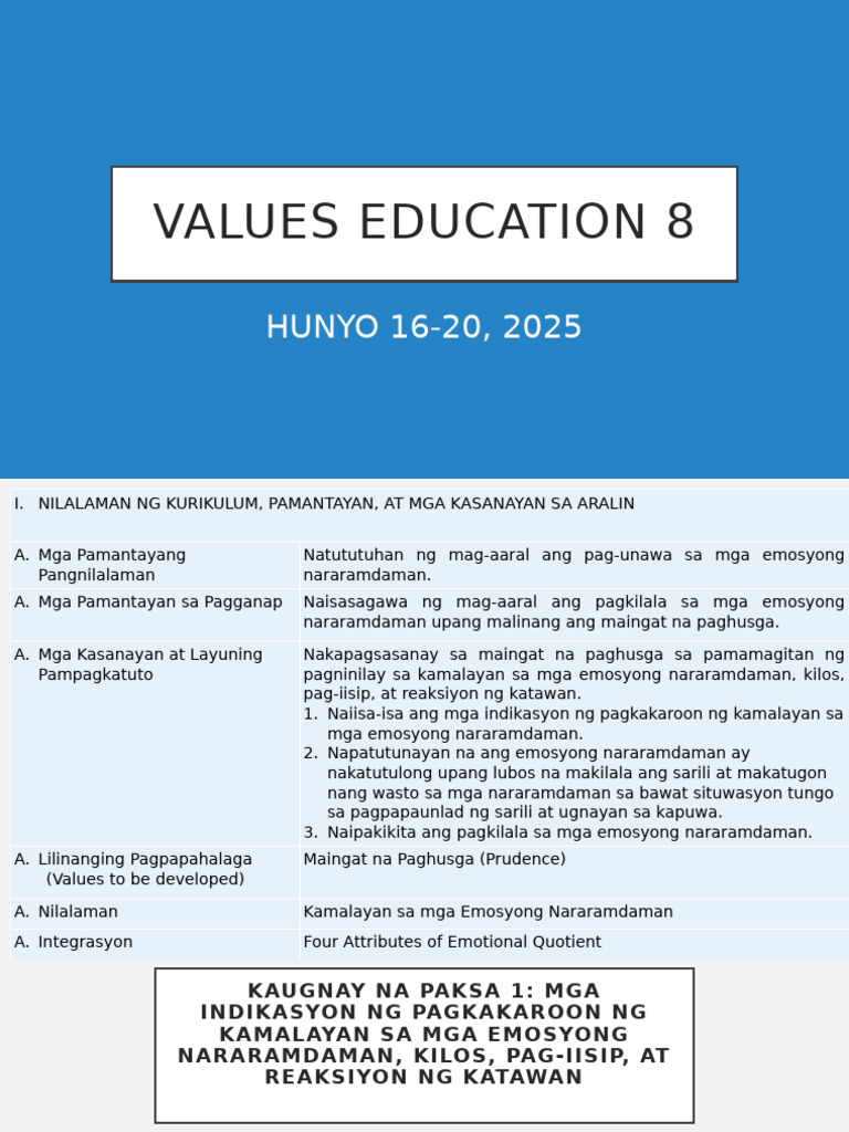 Values Education 8: HUNYO 16-20, 2025 | PDF
