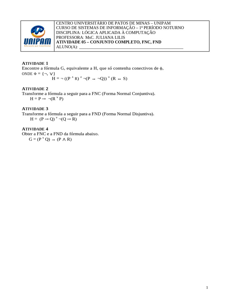 Atividade05 - ConjuntoCompleto FNC FND | PDF