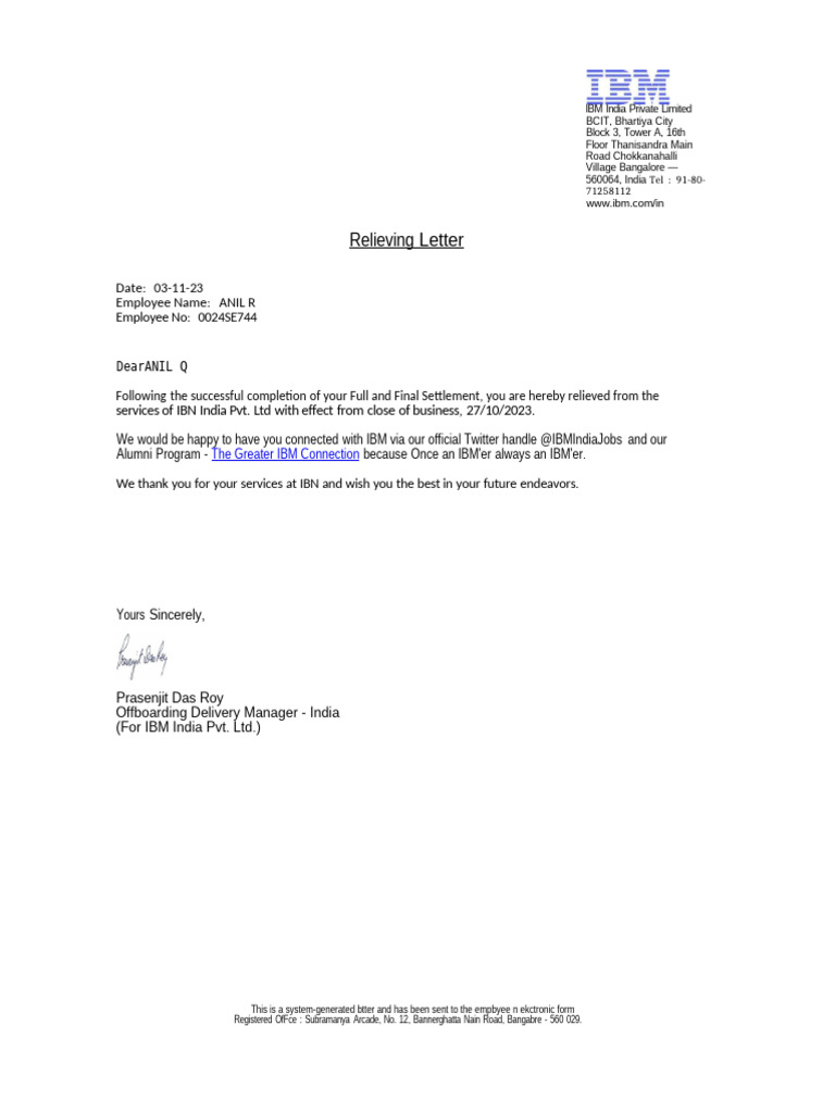 IBM Relieving and Experience Letter | PDF | Computer Companies Of The ...