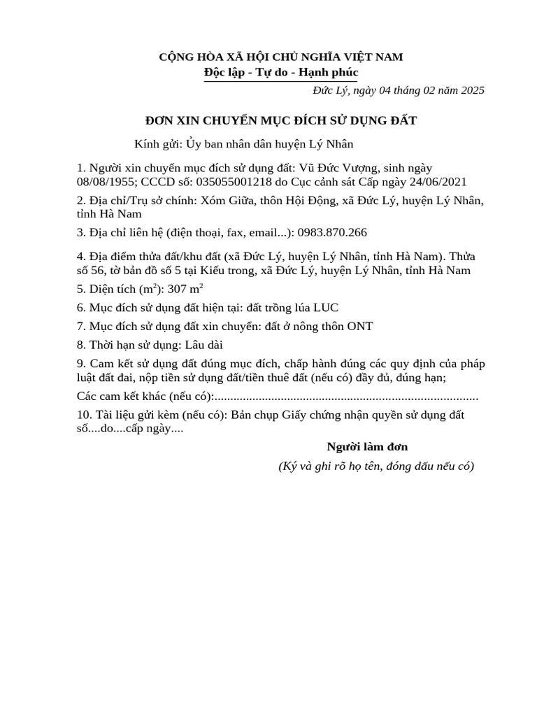 Don Xin Chuyen Muc Dich Su Dung Dat | PDF