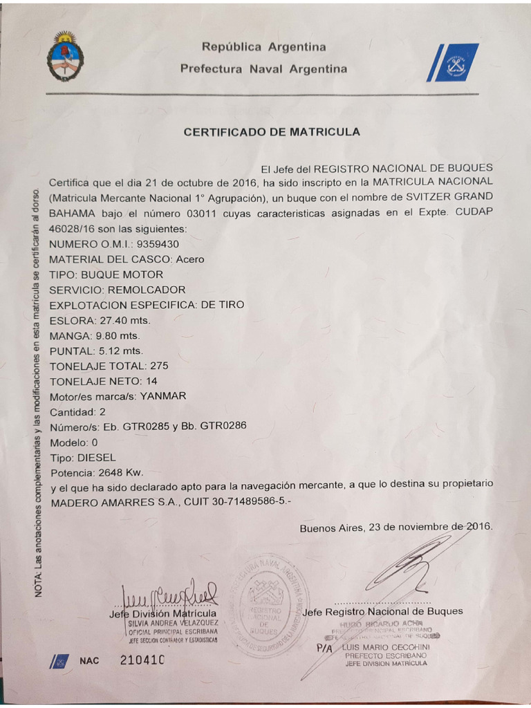 Grand Bahama - Cert de Matricula | PDF