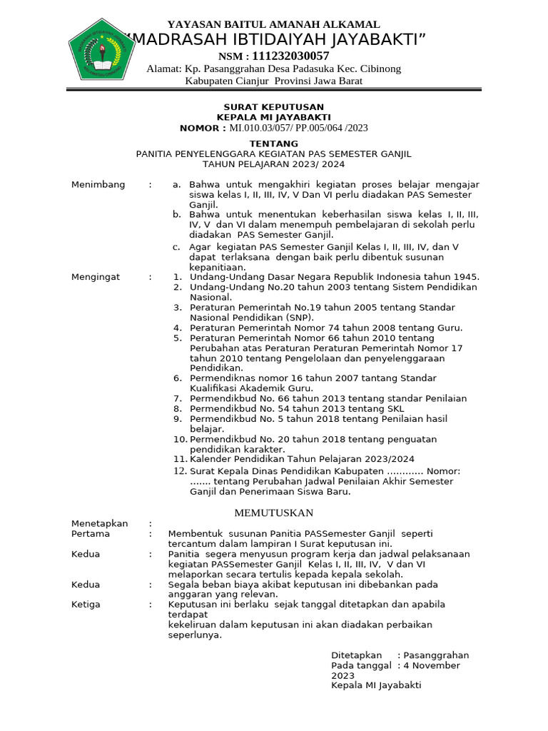 SK Panitia Uas Pas Madrasah | PDF