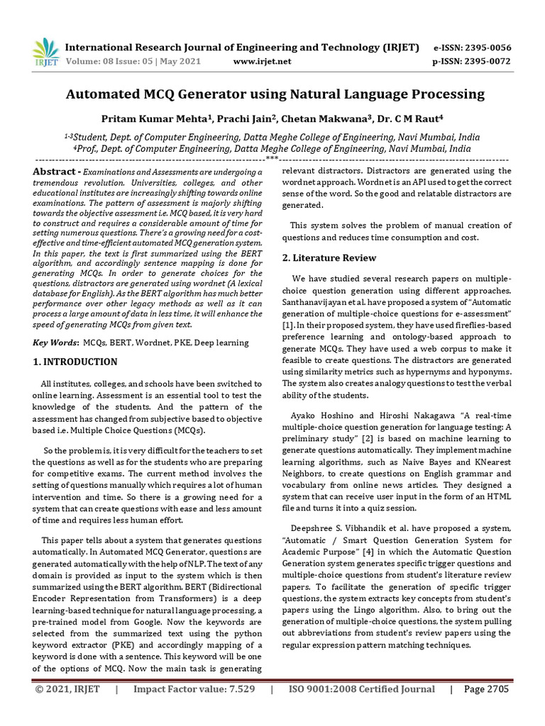 IRJET Automated MCQ Generator Using Natu | PDF | Linguistics