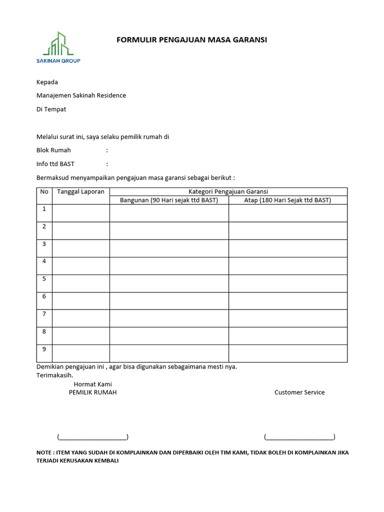 Formulir Pengajuan Komplain Masa Garansi | PDF