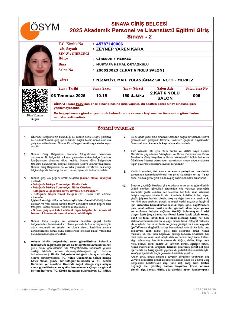 Sınava Giriş Belgesi | PDF