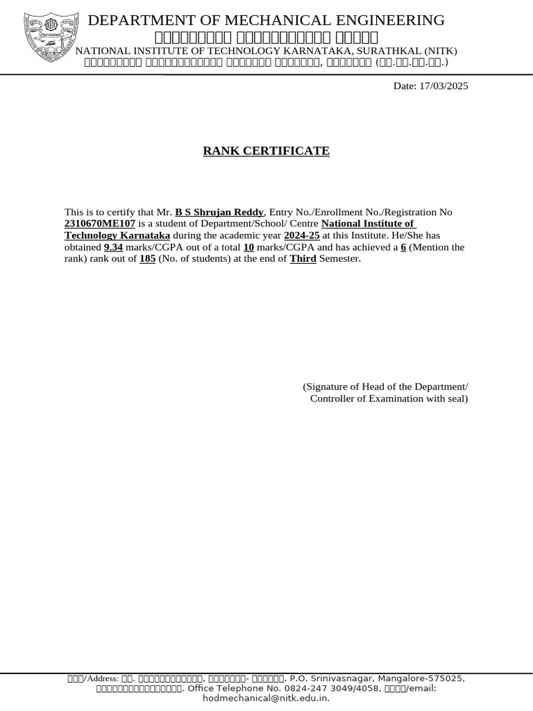 NIT Karnataka Rank Certificate 2025 | PDF