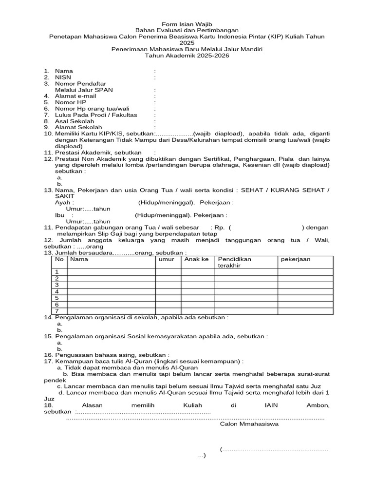 Form Isian Wajib KIP 2025 | PDF