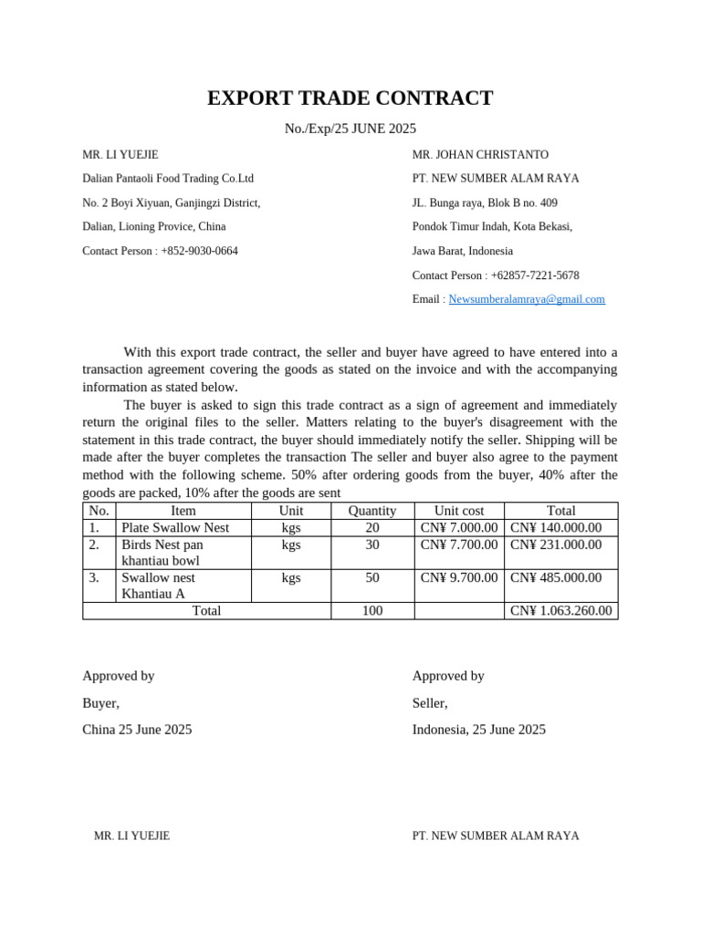 Export Trade Contract Agreement | PDF
