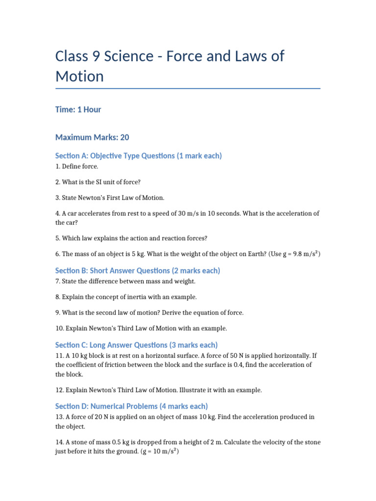 Class 9 Force and Motion Answers | PDF | Force | Newton's Laws Of Motion