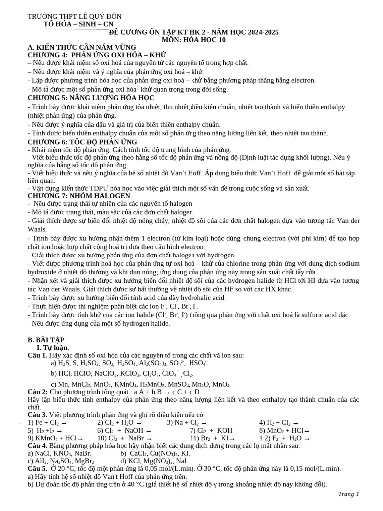 24 25 ĐỀ CƯƠNG HOA 10 HK2 | PDF