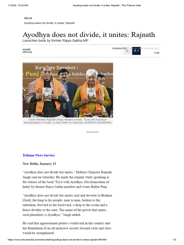 Ayodhya Does Not Divide, It Unites - Rajnath - The Tribune India | PDF ...