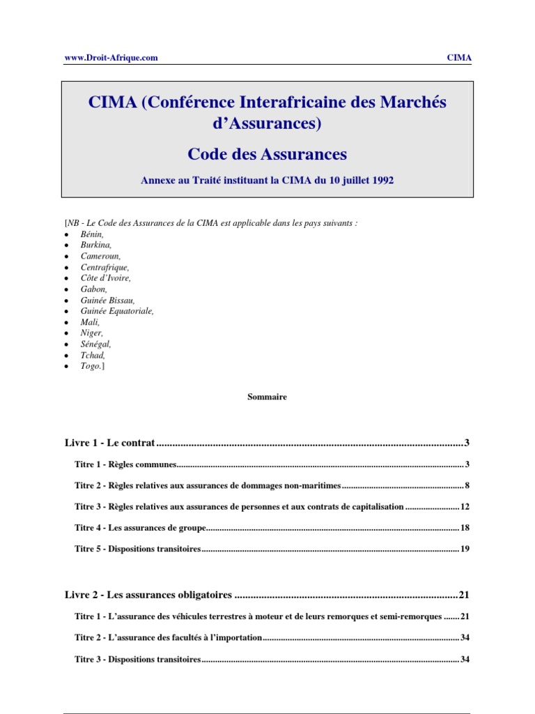 Code des Assurances CIMA 2023 | PDF | Assurance | Nullité du contrat en ...