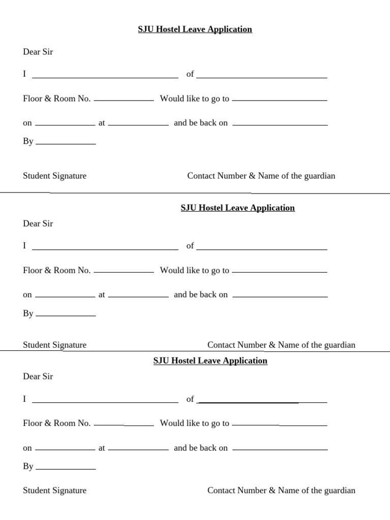 SJU Hostel Leave Application Template | PDF