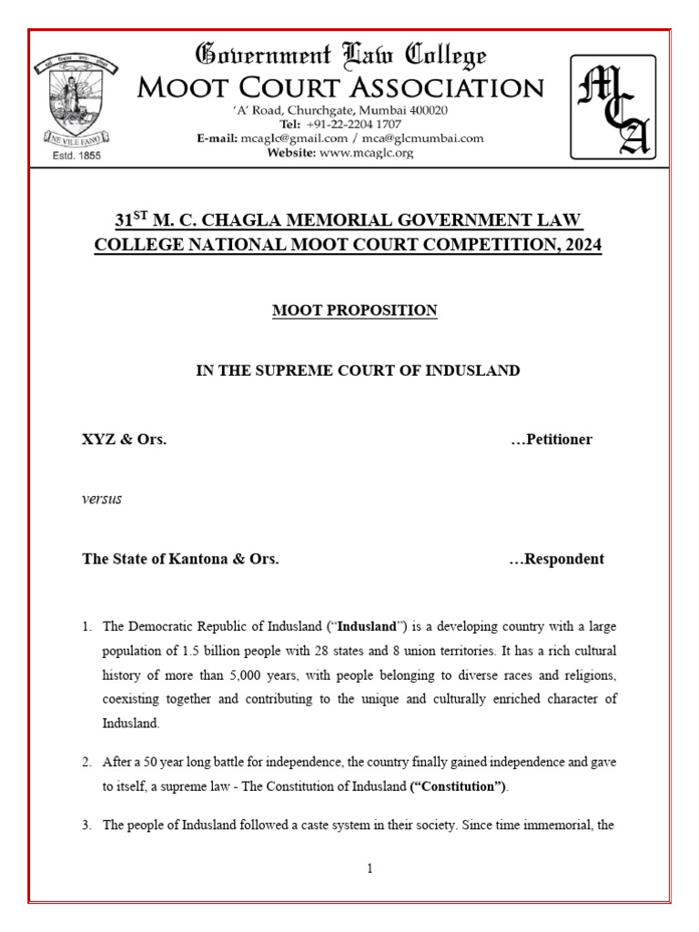 31st M. C. Chagla Memorial National Moot Court Competition 2024 Moot ...
