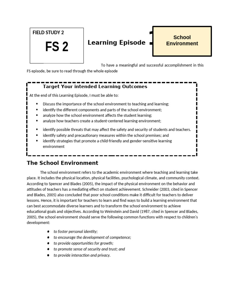 FS 2 EPISODE 12 School Environment | PDF | Learning | Teachers