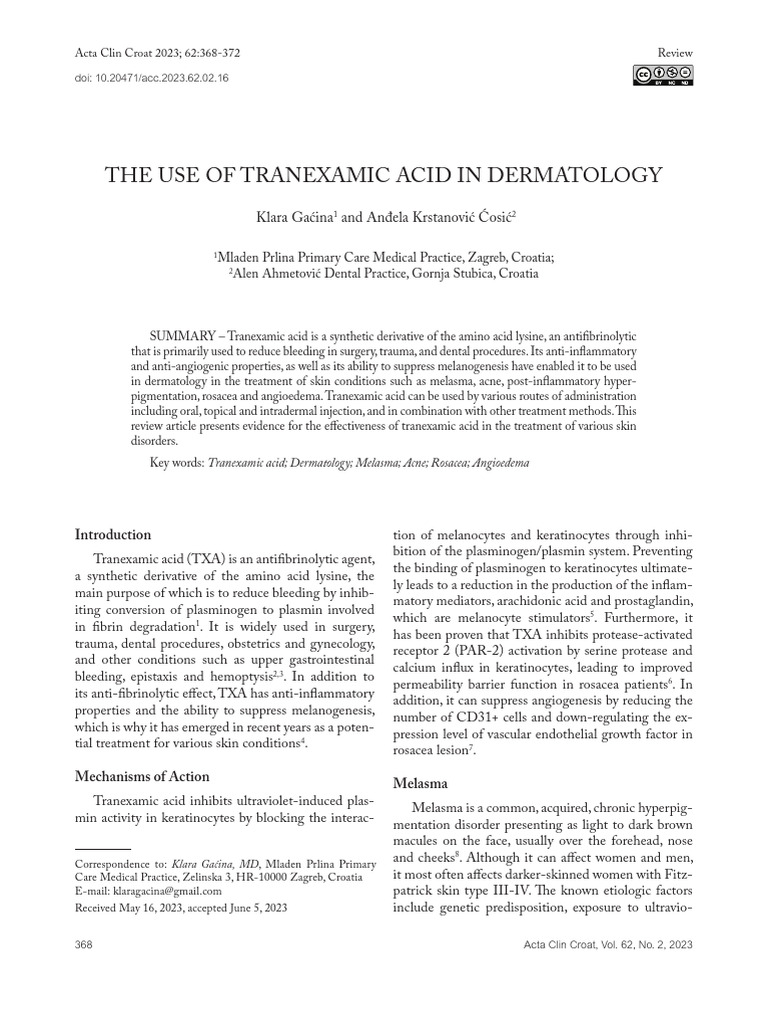 The Use of Tranexamic Acid in Dermatology | PDF | Thrombosis | Medical ...